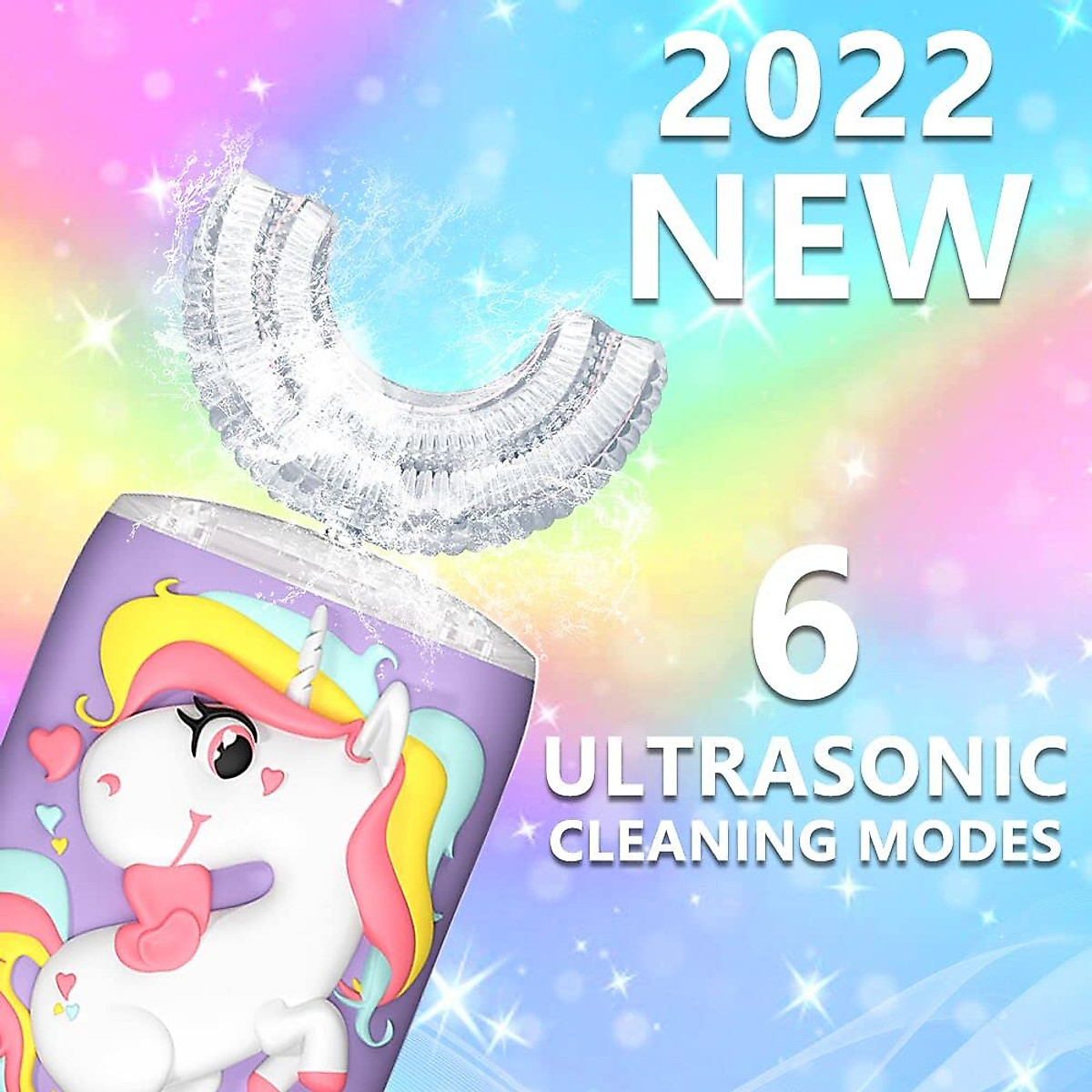 Kids Electric Toothbrush, Unicorn Sonic U Shaped Rechargeable Automatic Toothbrushes IPX7 Waterproof 6 Modes Smart Timer 360° Oral Cleaning with Replacement Brush Heads for Child Age 2-6 (1. Purple)