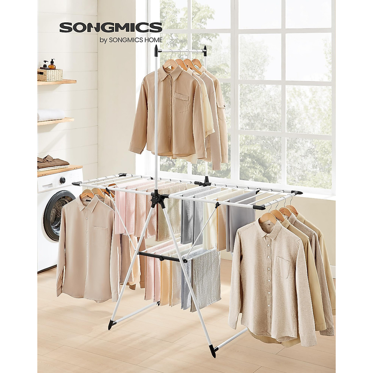 SONGMICS Clothes Drying Rack, Foldable 2-Level Laundry Drying Rack, Free-Standing Airer, 1 Additional Tall Hanging Bar, 2 Height-Adjustable Wings, 24 Drying Rails, Space Savng, Simply White ULLR521W01