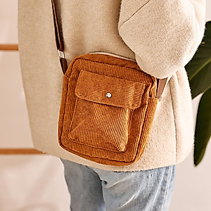 Corduroy Crossbody Bag Corduroy Tote Bag Casual Shoulder Handbags Purse Crossbody with Zipper Pocket for Women Girls（Brown）