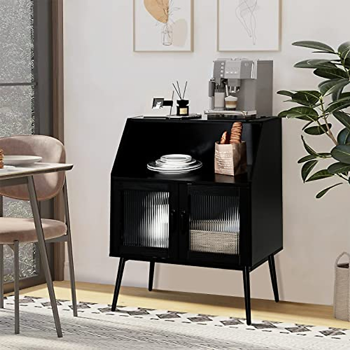 Giantex Buffet Cabinet with Storage, Farmhouse Sideboard with Open Shelves & Tempered Glass Door, Mid Century Free-Standing Kitchen Cupboard for Living Room Hallway, Black