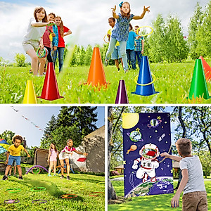 NONZERS Carnival Games Set, 4 in 1 Bean Bags Ring Toss Game with 12 Bean Bags, 12 Ring Toss, 6 Plastic Cones and One Toss Banner for Kids Birthday Carnival Party Outdoor Indoor Games Supplies