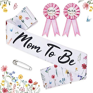 Wildflower Mom to Be Sash Baby Shower Decorations, Baby in Bloom Floral Mommy to Be Sash Dad Corsage Pin Set for Pregnant Mommy Dress Gift