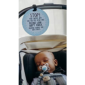 THREE LITTLE TOTS – Blue Stop Please Look Don't Touch Baby Car Seat Sign or Stroller Tag - CPSIA Safety Tested