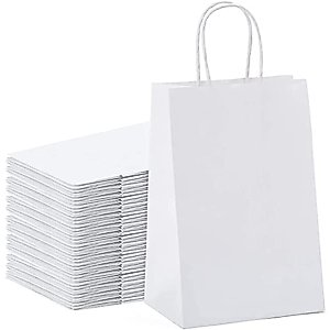 GSSUSA 50 Pcs White Kraft Paper Bags 5.25x3.25x8, Small Paper Bags with Handles for Shopping, Gift, Merchandise, Retail, Party Favor, Wedding, Gift Bags, Bags for Small Business, Boutique