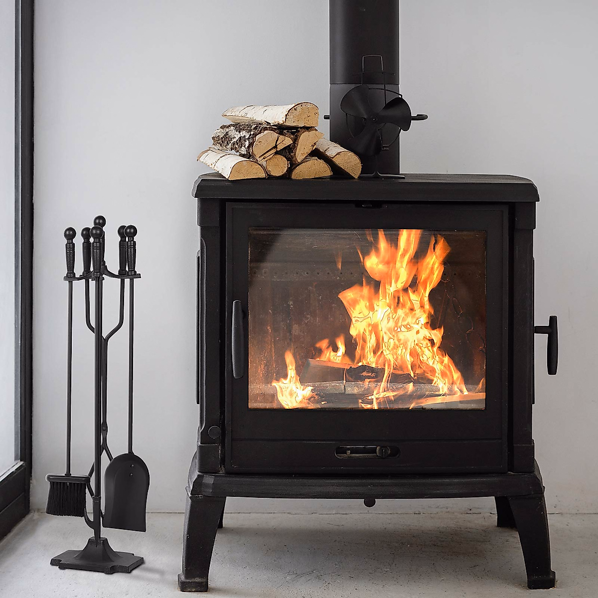 GASPRO 5-Piece Fireplace Tools Set, 32 Inch Wrought Iron Fireplace Accessories Includes Fire Poker, Shovel, Brush, Tong, and Stand, Easy to Assemble