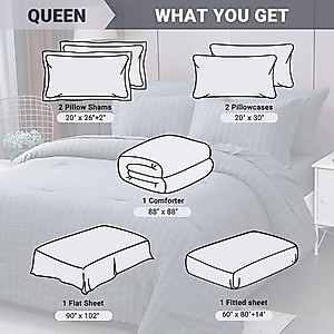 HYMOKEGE Queen Comforter Set Seersucker 7 Pieces, All Season Luxury Bed in a Bag for Bedroom, Bedding Set with Comforters, Sheets, Pillowcases & Shams, Dark Grey