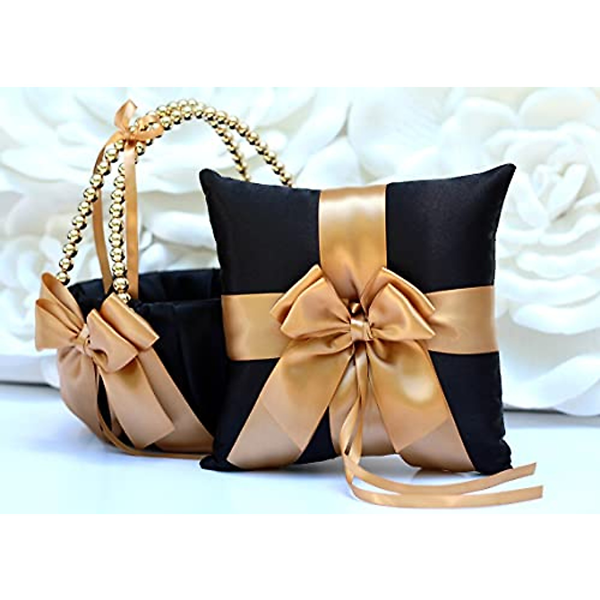 Flower Girl Basket and Ring Bearer Pillow Set Black Gold Wedding Basket Gold Ring Pillow Wedding Ring Pillow Gold Pearl Handle Baske (Black as Picture, 1 Pillow + 1 Basket)