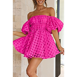 PRETTYGARDEN Women's Off The Shoulder Babydoll Dress Short Puff Sleeve Casual A Line Ruffle Summer Dresses (Plaid Rose Red,Medium)