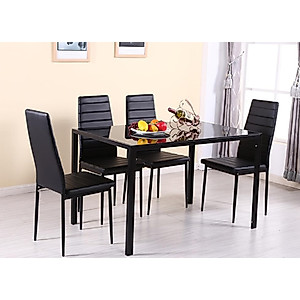 Wolfes Furniture 5-Piece Kitchen Dining Table Set for Dining Room, Kitchen, Dinette, Compact Space w/Glass Tabletop, 4 Leather Metal Frame Chairs - Black