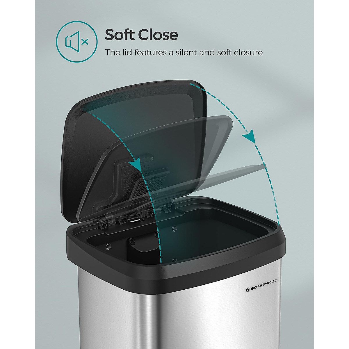 SONGMICS Kitchen Trash Can, 13-Gallon Stainless Steel Garbage Can, with Stay-Open Lid and Step-on Pedal, Soft Closure, Tall, Large and Space-Saving, Silver and Black ULTB530E50