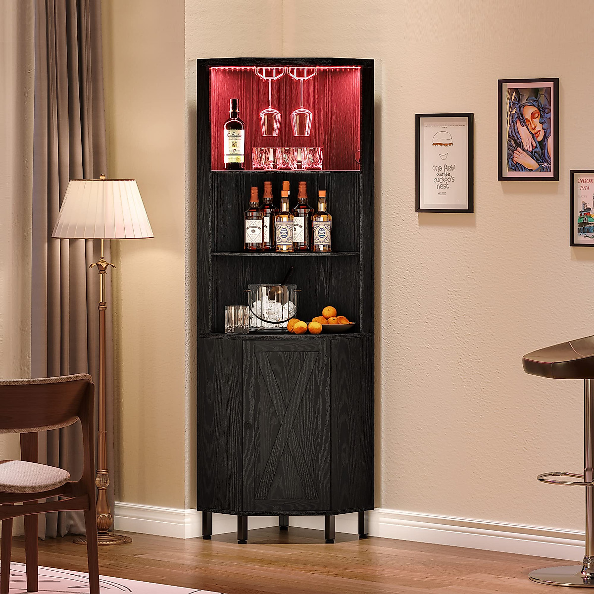 YITAHOME Corner Bar Cabinet with LED Lights & Glass Holder, 5 Tier Corner Shelf with Storage, Wine Rack Cabinet Display Shelves for Living Room, Dining Room, Kitchen, Black