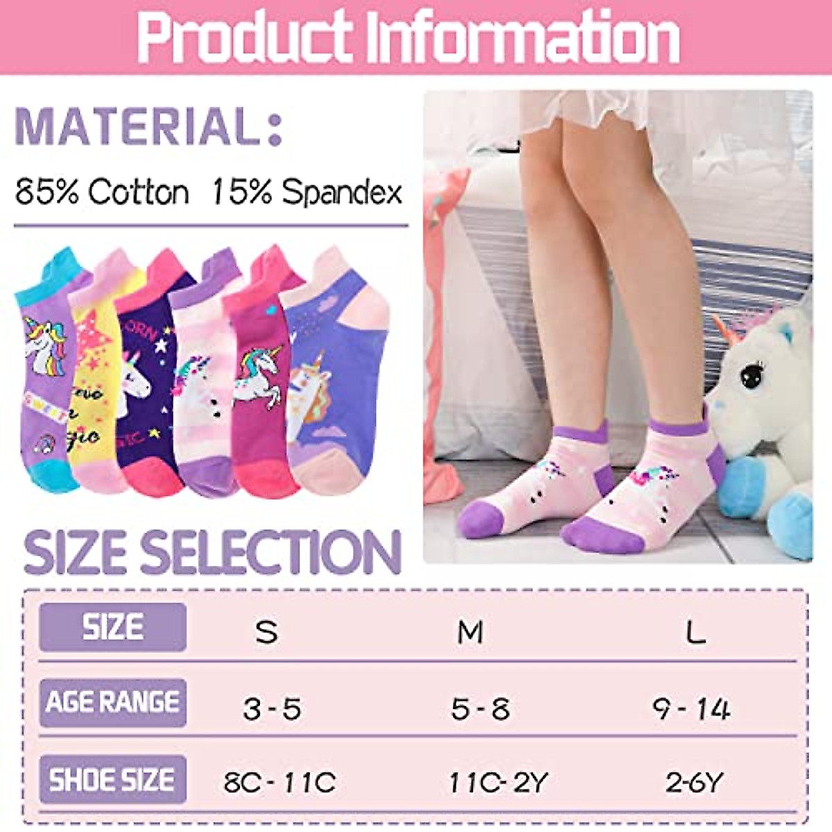 Kids Girls Unicorn Socks Ankle Low Cut No Show Cute Novelty Fashion Cartoon Gifts Stocking Stuffers Socks 6 Pairs (Unicorn,9-14 Y)