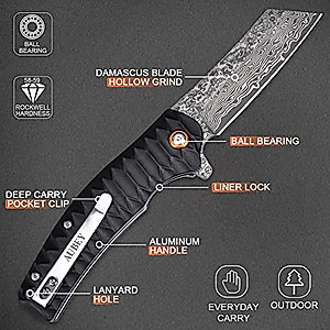 AUBEY EDC Damascus Pocket Knife, 3.34 inch Damascus Steel Hollow Grind Blade, Folding Knife with Liner Lock, Ball Bearing, Aluminum Non-Slip Handle, Damascus Knife for Outdoor Camping Hunting (Black)