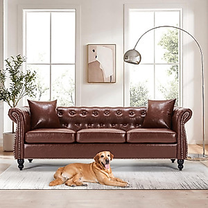 Chesterfield Sofa 83.4 " Faux Leather Couches with Gourd Wooden Legs, Deep Seat Comfy 3-Seater Upholstered Couch Button Nailhead Tufted Classic Couches for Living Room，Bedroom Easy to Assemble (Brown)
