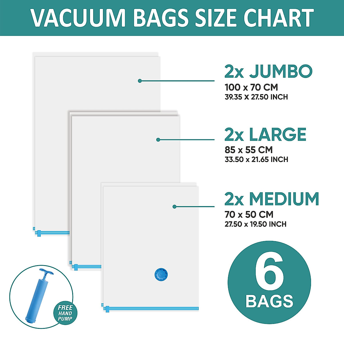 6 Space Saver Vacuum Storage Bags, Vacuum Sealed Storage Bags (2 Jumbo + 2 Large + 2 Medium) with Hand Pump, Vacuum Seal Bags for Clothing, Comforters, Pillows, Towel, Blanket Storage, Bedding