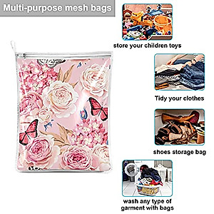 Xigua 2 Pack Rose Butterfly Mesh Laundry Bags Zipper Travel Washing Bag Storage Organizer for Clothes, Sock, Lingerie, Bra and Underwear