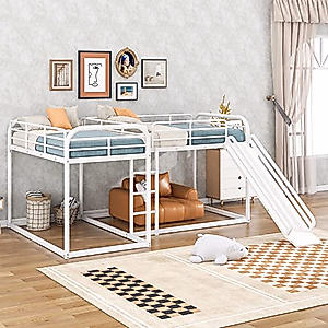 EOVTK L-Shaped Metal Bunk Bed for 4, Full and Twin Size Bunk Quad Bed Frame with Slide, Short Ladder and Safety Guardrail for Kids Teens Adults, White