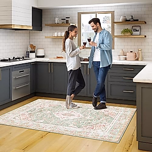 Vhong Washable Area Rugs Boho Vintage Modern Neutral Small Carpet Green and Pink High Traffic Rugs 3×5 for Dinning Room Living Room Bedroom Farmhouse Non Slip