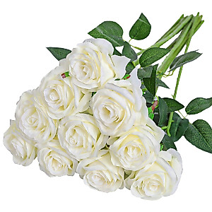 Nubry Artificial Silk Rose Flower Bouquet Lifelike Fake Rose for Wedding Home Party Decoration Event Gift 10pcs (Off White)