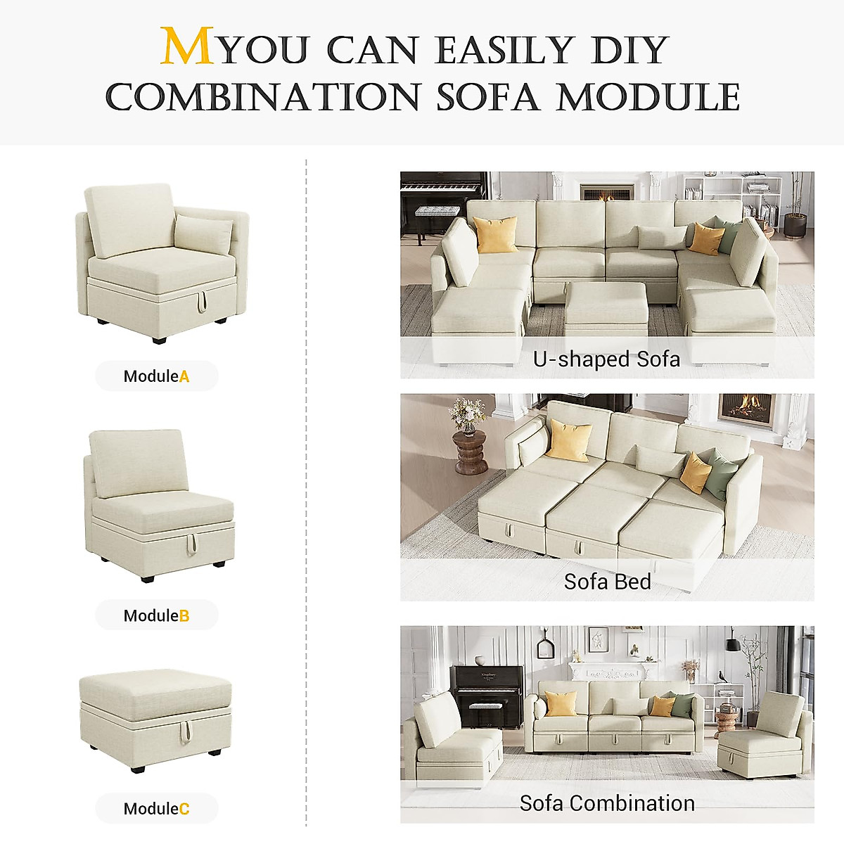 YOUDENOVA 25'' Modular Storage Ottoman Sectional Sofa Module Free Reversible Chaise Couch Convertible Ottoman Free Configuration Ottoman, Beige