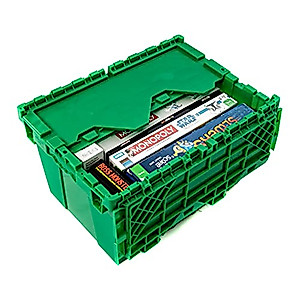 12 Gallon Heavy-Duty Flip Tote Storage Container (PACK OF 4) - Green, Commercial Flip Top Tote, Industrial Plastic Storage Tote - 21 in. L x 15 in. W x 12 in. H, Padlock & Metal Hinged Flip Cover