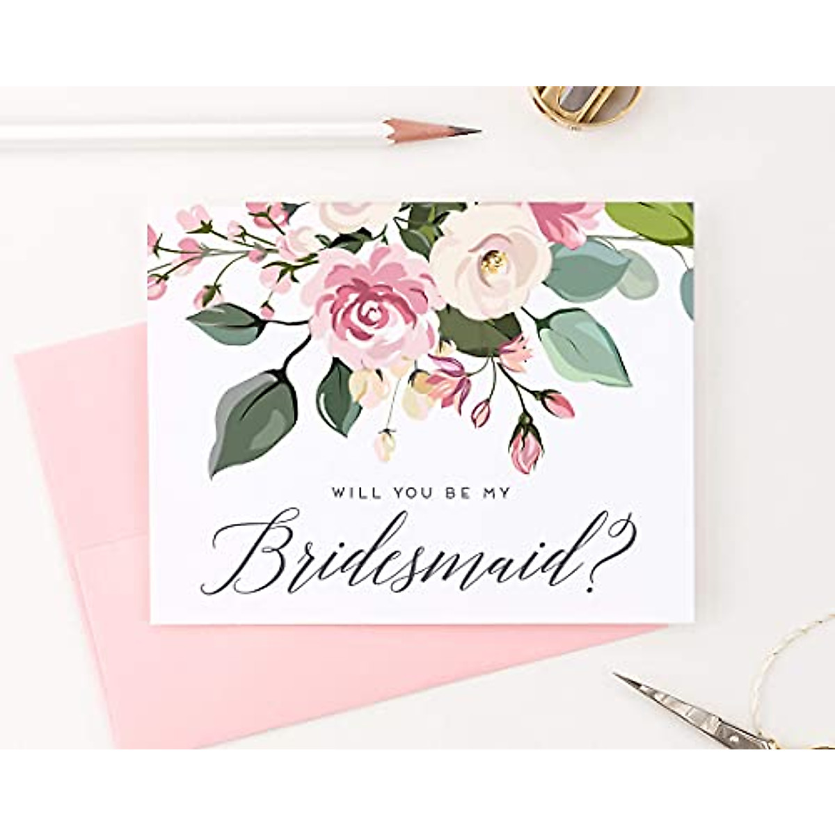 Rustic Floral Will You Be My Flower Girl Card Pink, Modern Flower Girl Proposal Cards, Elegant Bridal Party Ask Cards, Your Choice of Quantity and Envelope Color