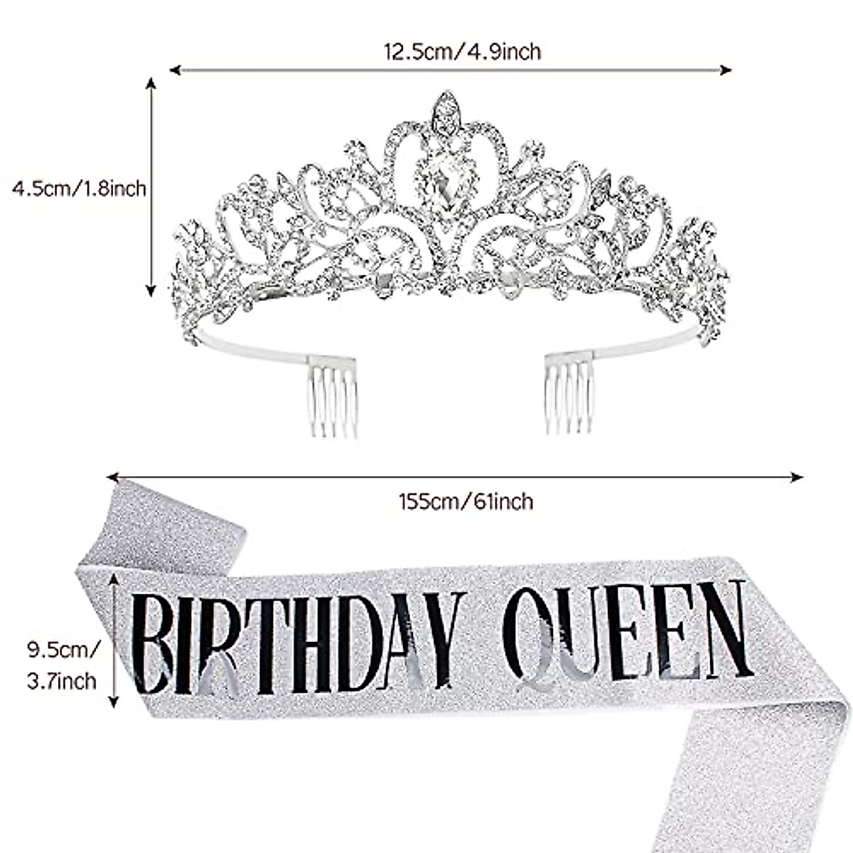KICOSY Birthday Crown for Women Birthday Sash and Crown Silver Birthday Decorations Crystal Tiara and Birthday Queen Sash Party Favor Gifts for Women and Girls Hair Accessories