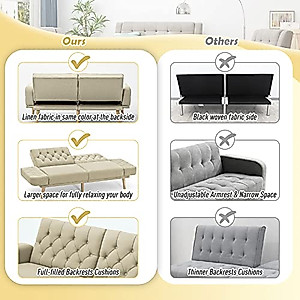 ACMEASE 70” Linen Fabric Futon Sofa Bed with Adjustable Backrests, Tufted Sleeper Couch with Convertible Armrest, 82” Extendable Loveseat Sofa with 2 Pillows for Living Room, Bedroom, Beige