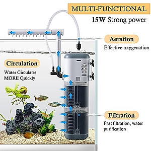 VILLNO Internal Multi-Functional Filter for Aquarium,300 GPH 15W Power Filter for 30-80 Gallon Fish Tank, Submersible Aquarium Filter