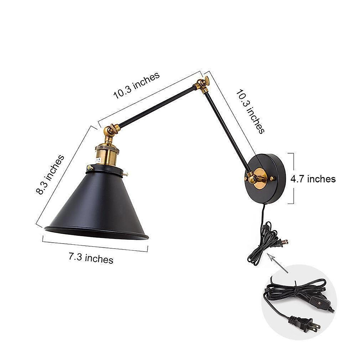 Black Wall Sconces Lighting, Modern Industrial Plug in or Hardwired Adjustable Swing Arm Wall Lamp with Antique Brass Finish for Bedroom, Living Room and Kitchen