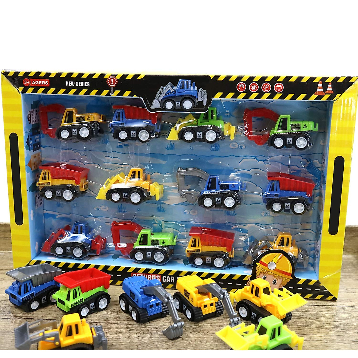 GiftExpress 1dz Mini Pull Back Construction Toy Cars, Educational Preschool Bulldoze Excavator Dump Truck Model Kit for Children Toddlers Kids, for Boys Party Favors