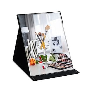 ZBEIVAN 12x9 Inches Extra Large Portable Folding Makeup Mirror, Frameless PU Leather Vanity Mirror with Stand for Desk Table Camping Travel Personal, Black