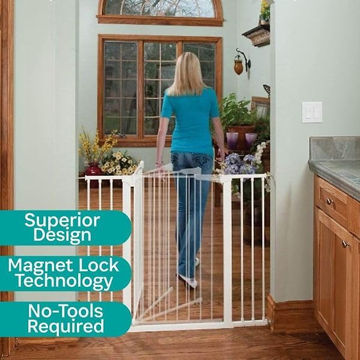 KidCo Gateway Baby Pressure Gate - No Tools or Wall Cups Required - Extra Tall & Wide Auto Close Magnet-Lock Safety Gate, G1200, White