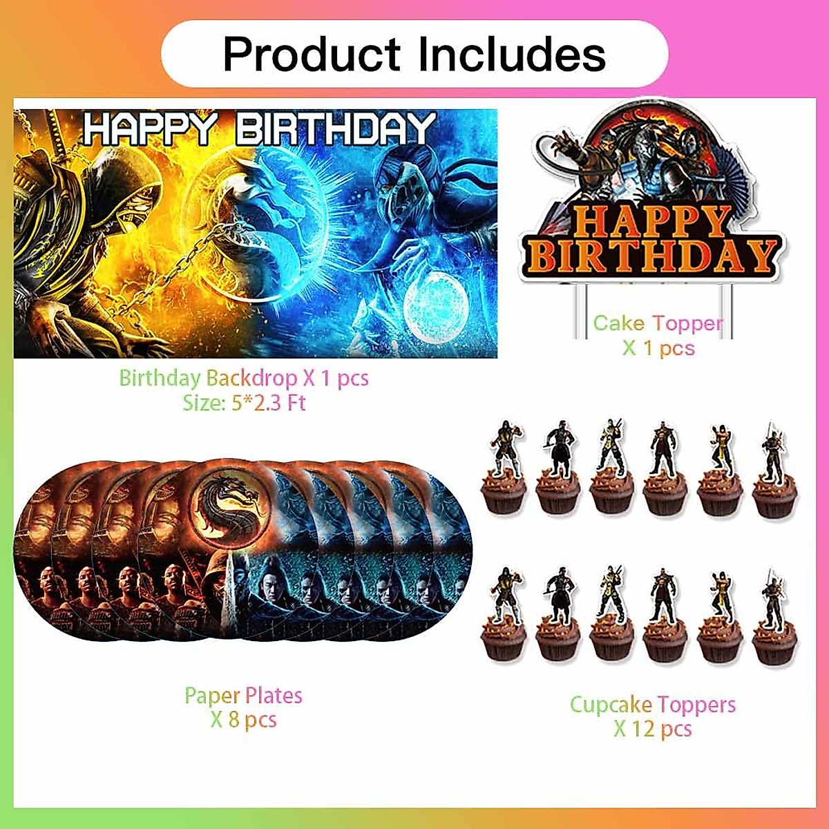 Mortal Kombat Party Supplies Plates Decorations Cake Topper Birthday Backdrop Background Decor