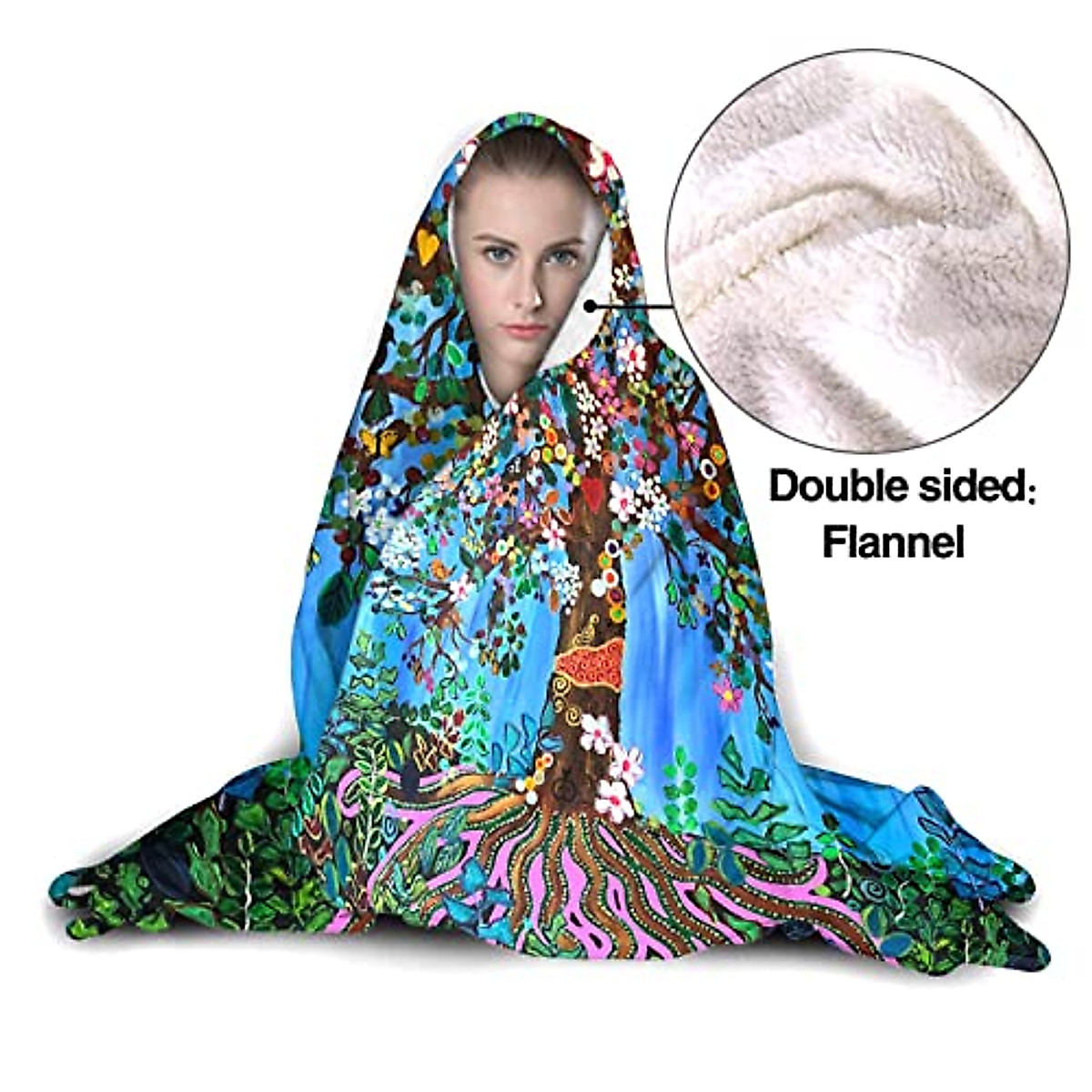 321DESIGN Blue Tree of Life Wearable Blanket Fleece Hooded Robe Cloak Throw Quilt Poncho Microfiber Sherpa Plush Warm Wrap Multiple-Size Adult(80"x60"in)
