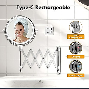 Rechargeable Wall Mounted Makeup Mirror - 8 Inch Double Sided 1X/10X Magnifying Mirror with 3 Color Lights Dimmable Touch Screen, 360°Swivel 19.6 Inch Extendable Mesh Bathroom Mirror - Chrome