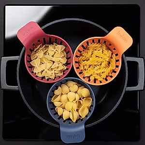 TREBONN, Cookin’ Pod 3 Piece Set, Single Portion Slotted Strainers for Pasta and Vegetables, Everyday Use, Coral Purple Blue-Gray, 1 Set
