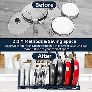 ROOHUA Pot Rack Organizer -Expandable Pot and Pan Organizer for Cabinet,Pot Lid Organizer Holder with 10 Adjustable Compartment for Kitchen Cabinet Cookware Baking Frying Rack (Dark Blue, 10)