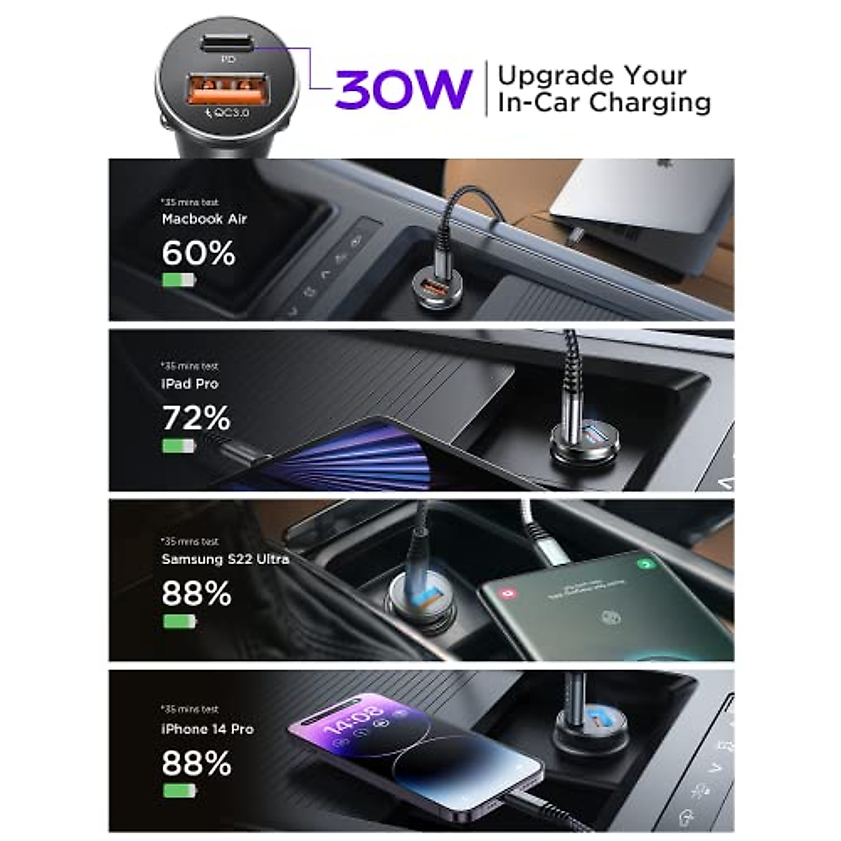 48W USB C Car Charger All Metal Fast USB Car Charger Adapter with 60W 3.3ft Nylon Braided Type C Cable LISEN Compact Cigarette Lighter USB Charger PD&QC3.0 Dual Port for Samsung S22/Pixel/Android/iPad