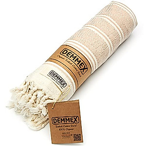 DEMMEX Certified 100% Organic Cotton & Organic Dye Prewashed XL Diamond Weave Turkish Cotton Towel Peshtemal Blanket for Bath,Beach,Pool,SPA,Gym, 71x36 Inches,14 Oz (Beige)