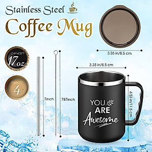 Sumind 6 Pcs Thank You Employee Appreciation Gifts Bulk 17 oz Inspirational Stainless Steel Coffee Mugs with Handle Lid Straw for Staff Employee Coworker Teacher Gifts(Black, 4 Pcs)