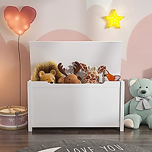 JARKUZ Kids Wooden Toy Box, Wide Toy Storage Organizer, Toy Chest with Safety Hinged Lid for Kids, Children's Furniture Large Trunk for Boys and Girls Ages 3+, White