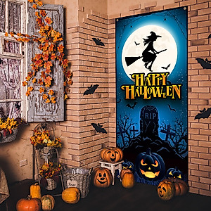 Panelee Halloween Door Decorations 79 x 35 Inches Skeleton Witch Window Door Cover Photo Posters Banner Backdrop Halloween Wallpaper Sticker for Front Door Porch Halloween Party Supplies(Moon, Witch)