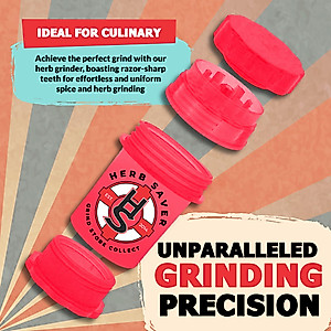 Large HerbSaver Grinder- Medical Grade Plastic Grinder with Razor Sharp Teeth, Pocket-Sized, Durable & Portable - Ideal for Grinding Herbs and Spices (Red)