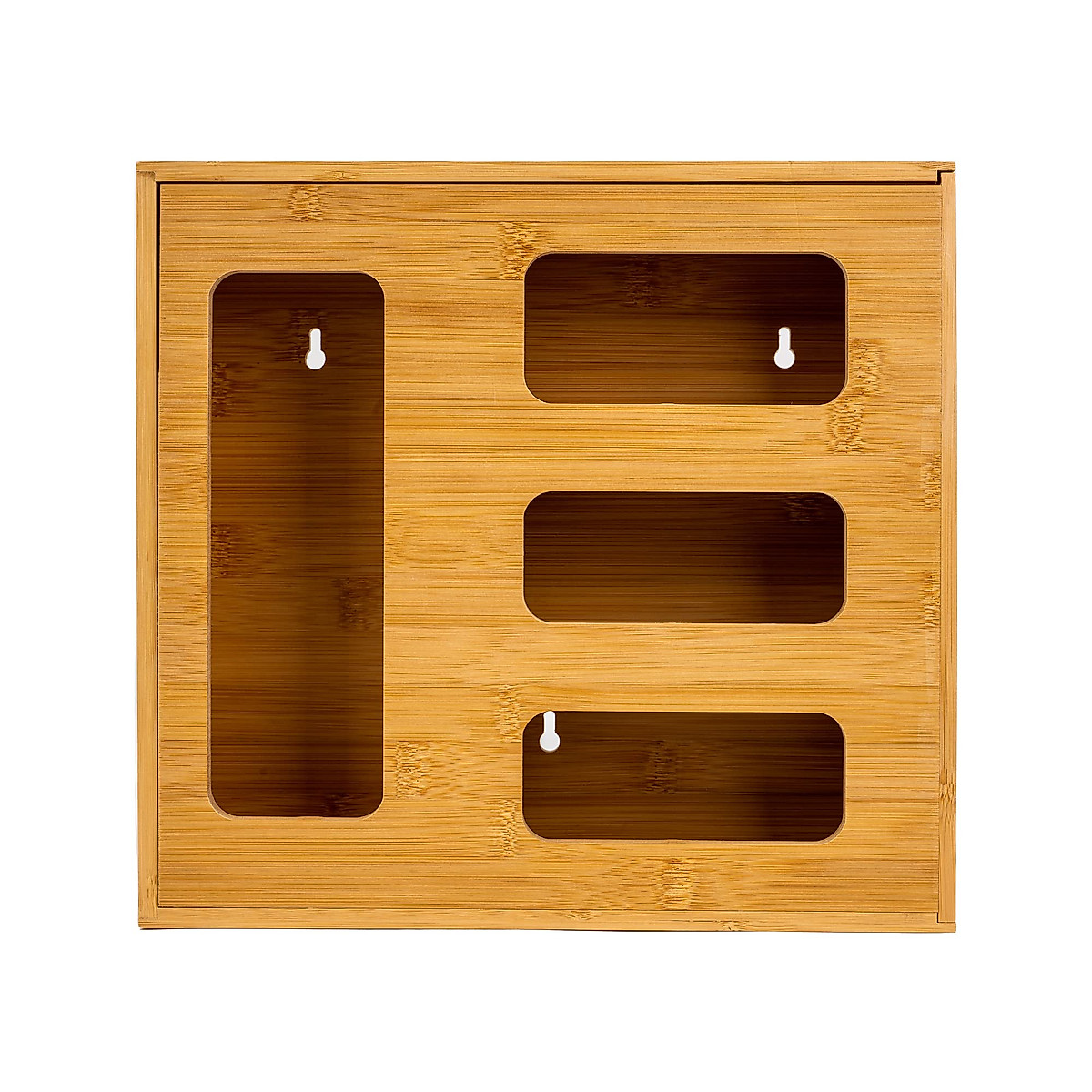 Common Goods Bamboo storage bag organizer. Holds Gallon, Quart, Sandwich and Snack sized bags. Has mounting holes and slip free rubber feet