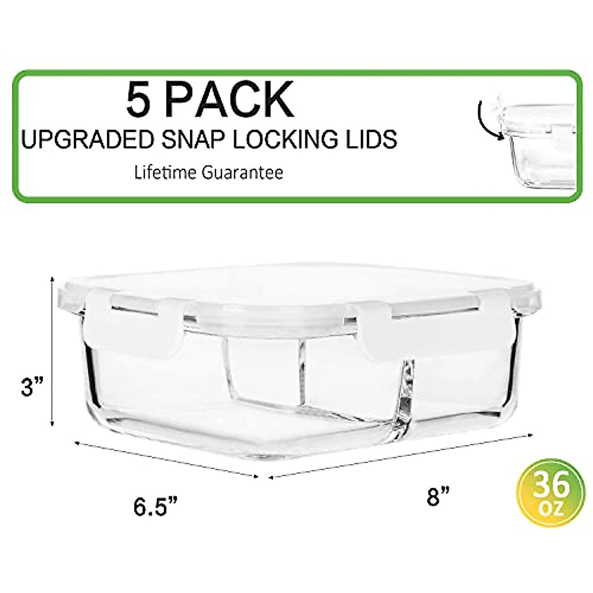 M MCIRCO [5-Pack,36 oz] Glass Meal Prep Containers 3 Compartment with Lids, Glass Lunch Containers,Food Prep Lunch Box,Bento Box, Microwave, Oven, Freezer, Dishwasher (4.5 Cups, White)