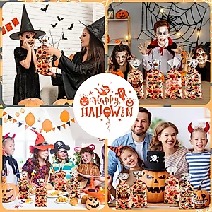 100 Pcs Halloween Treat Bags - Happy Halloween Goodie Bag, Plastic Halloween Pumpkin Cellophane Bags Bulk, Clear Gift Goody Candy Bags with Twist Ties for Halloween Party Supplies Favors Decorations