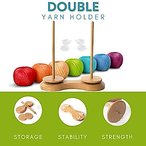 Rimcrow Double Wooden Yarn Holder; Revolving Yarn Ball Stand, Dispenses and Holds Balled Skeins for Crocheting or Knitting; Lazy Kate for Plying; Yarn Keeper