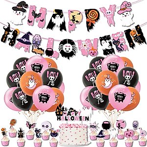 Pink Black Halloween Birthday Party Decorations Kit Happy Halloween Banner Castle Cake Topper Ghost Witch Bat Cupcake Toppers Skeleton Boos Ghost Balloons Kit for Halloween Baby Shower Party Decor