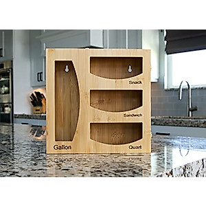 Ziplock Bag Organizer - Stylish Bamboo Zip Lock Storage Organization For Your Kitchen Drawers Cabinet Or Pantry - Wall Mount With Hinge Open Lid And Compression Clasps Great For A Gift